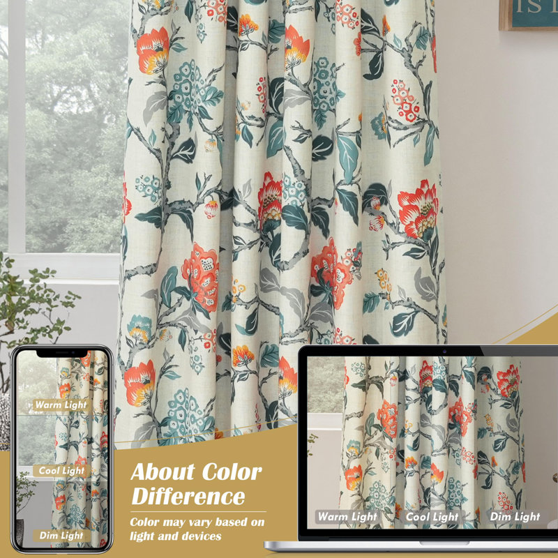 Lark Manor™ Lark Manor 100% Blackout Linen Floral Patterned Curtains Double Layer Drape Rod ...